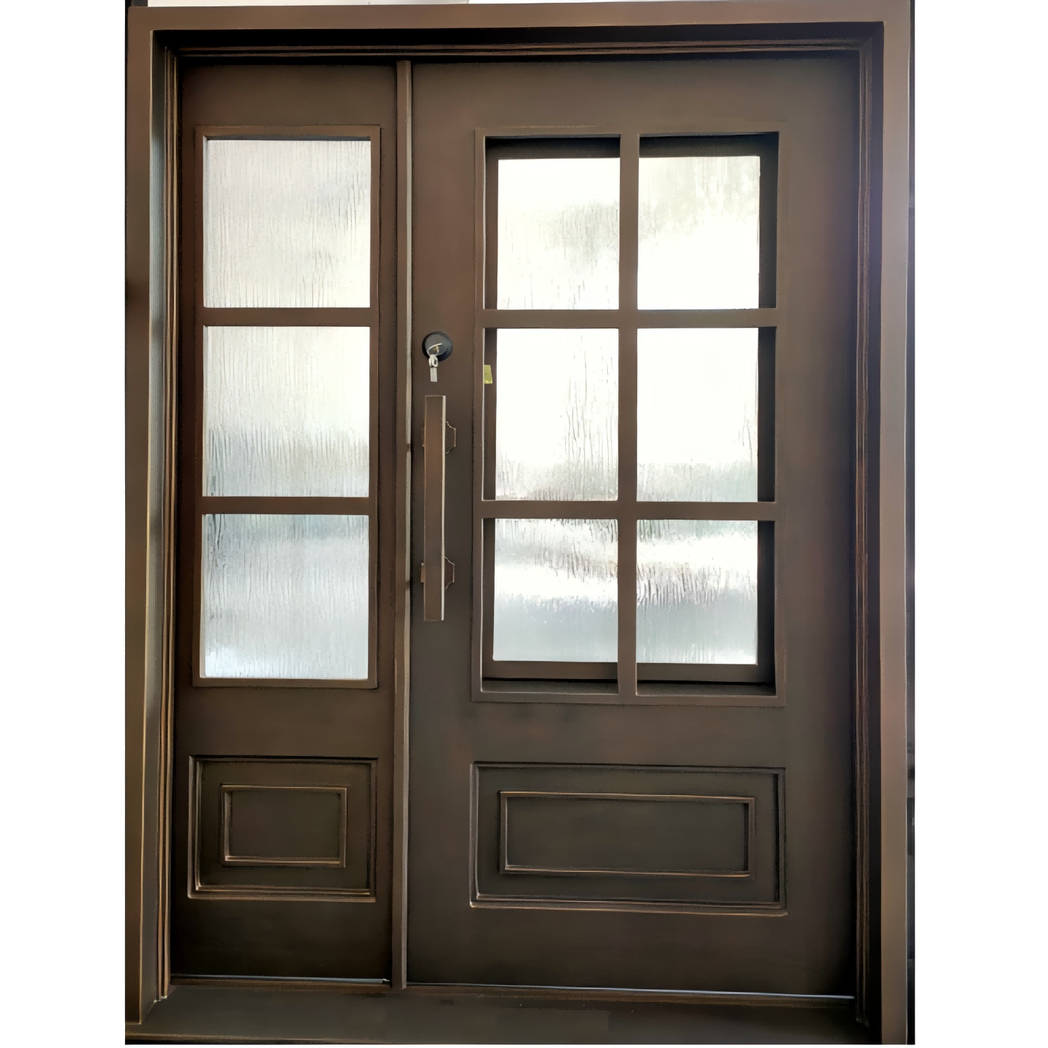 Wrought Iron Exterior Front Entry Door, Double Square Door, Brown/Black